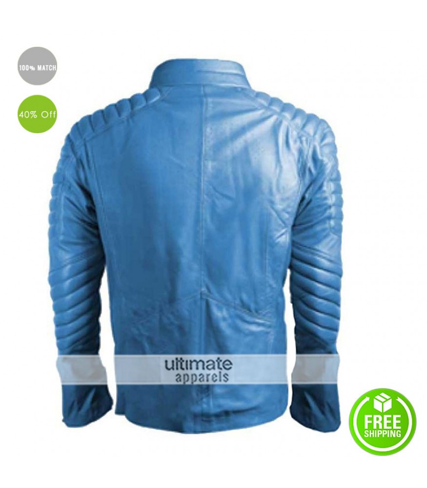 New Superman Logo Blue Collar Slim Fit Leather Jacket