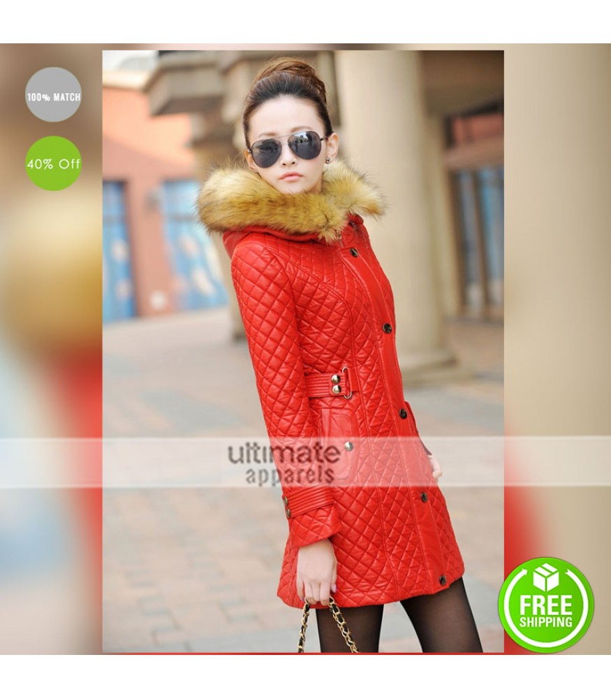 New Women Parka Fur Collar Quilted Red Coat Outwear