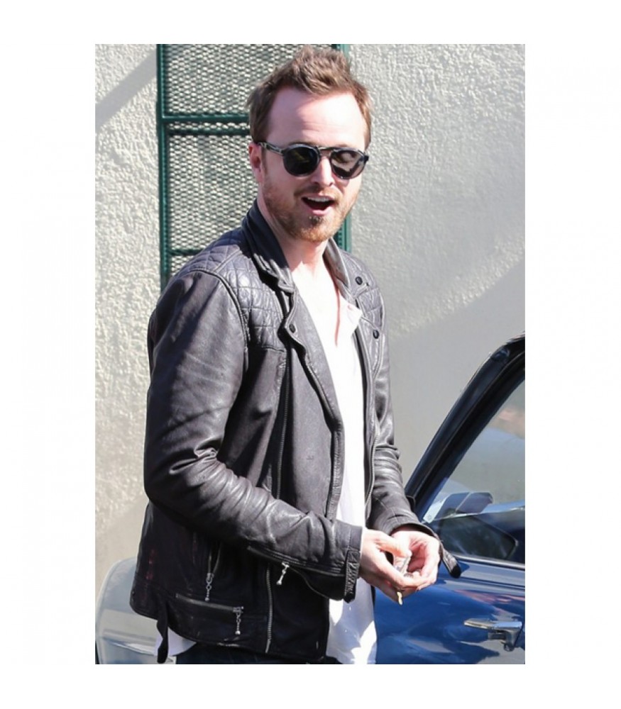 Aaron Paul Black Biker Quilted Leather Jacket