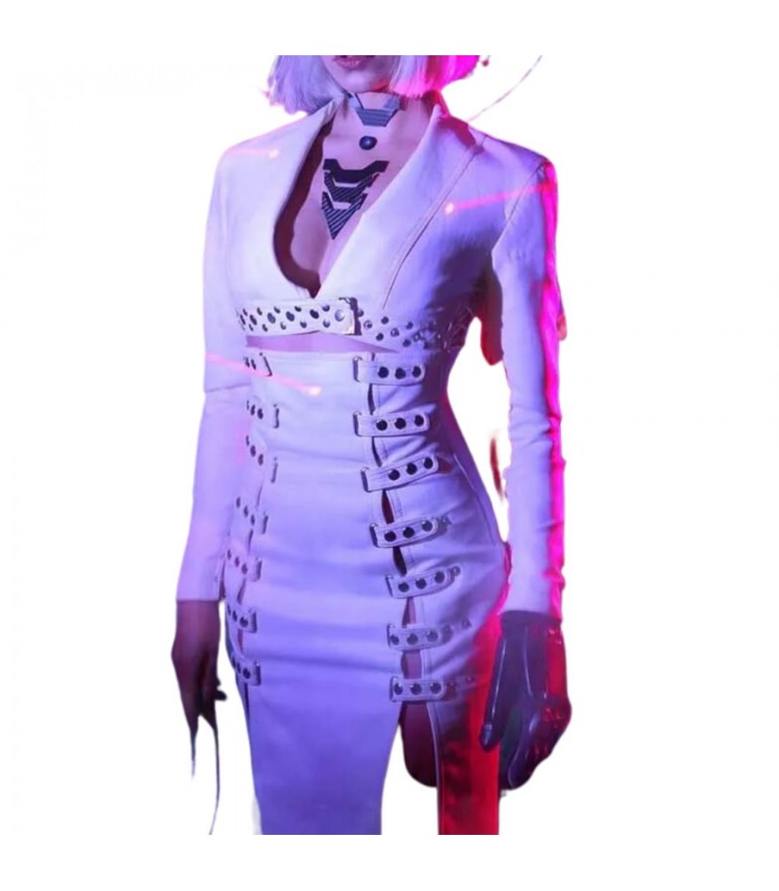 Cyberpunk 2077 Night City Neon Girl White Leather Coat