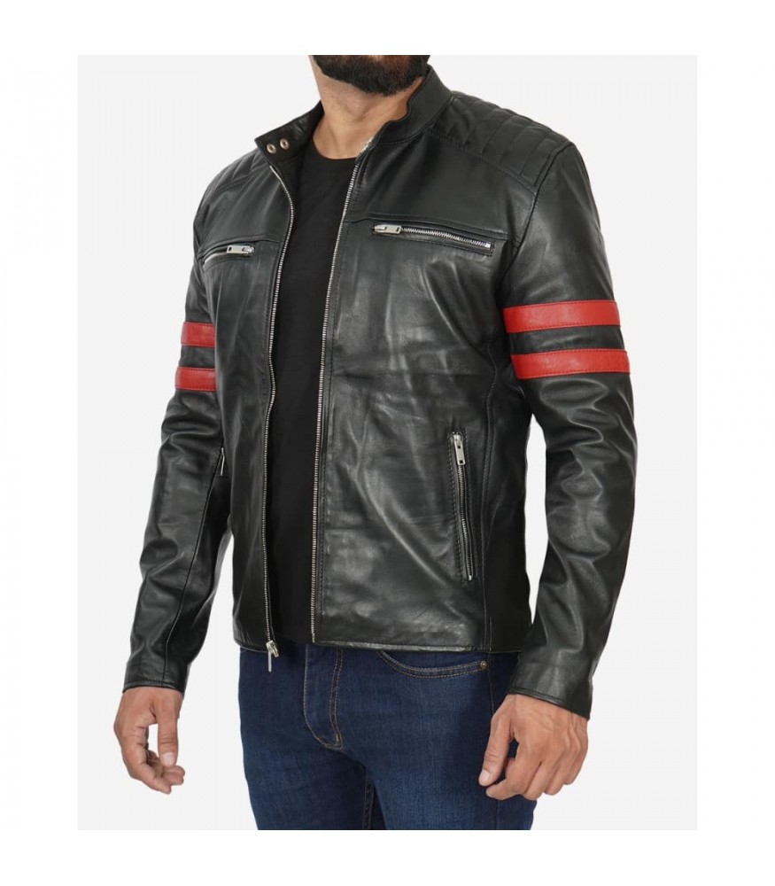 Men's Black Cafe Racer Red Striped Biker Leather Jacket